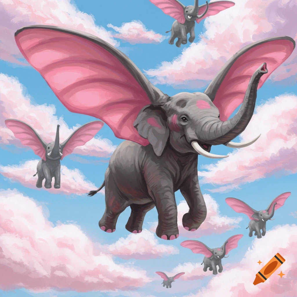A flock of elephants with large pink ears fly through a cloudy blue sky ...