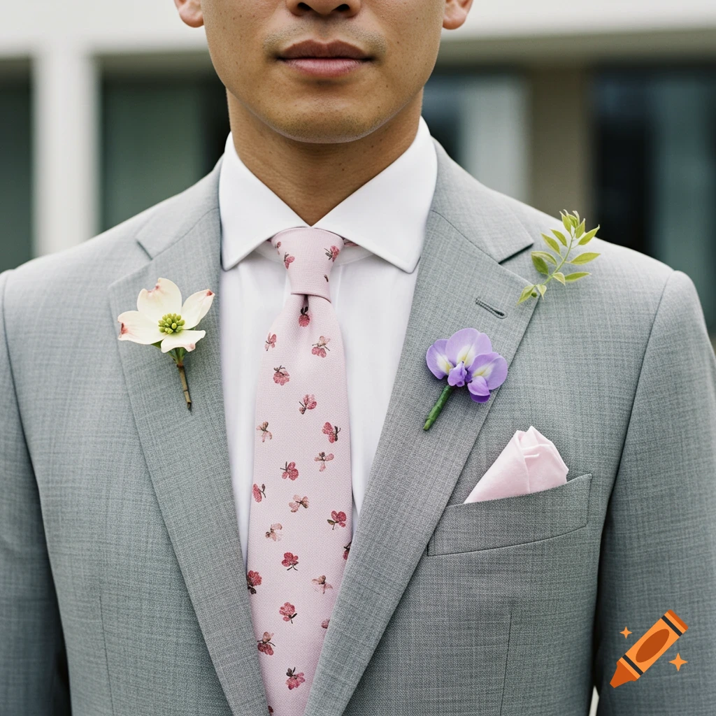 Man in a grey suit with a pink floral tie, pocket square, and flowers ...
