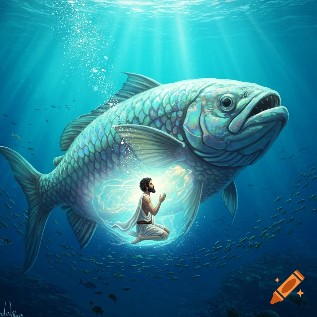 Semitic man praying inside a translucent fish in the ocean on Craiyon