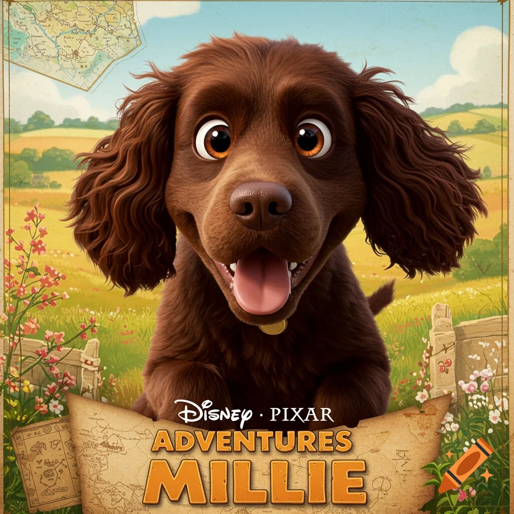 Pixar style movie poster of a chocolate brown English springer spaniel ...