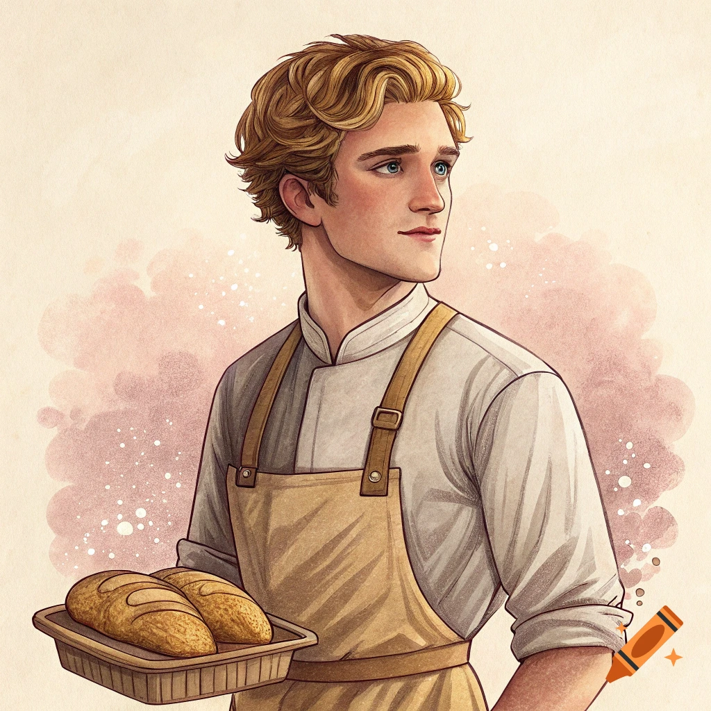 A stylized illustration of a young man in a baker's uniform holding ...