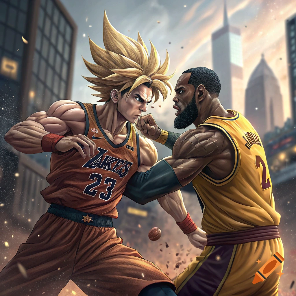 Goku in Lakers jersey fighting LeBron James in a yellow jersey in a ...