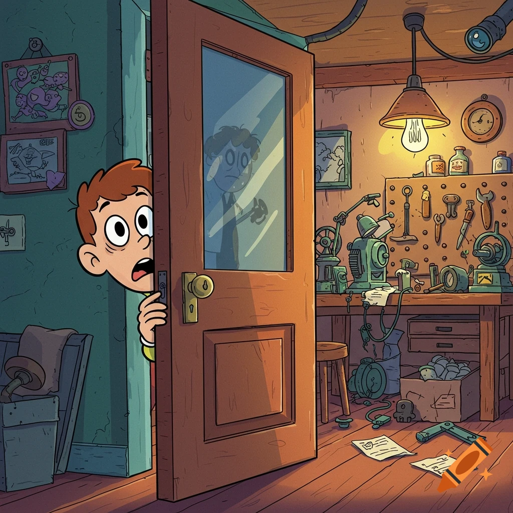 Cartoon of someone working secretly with another peering in. on Craiyon