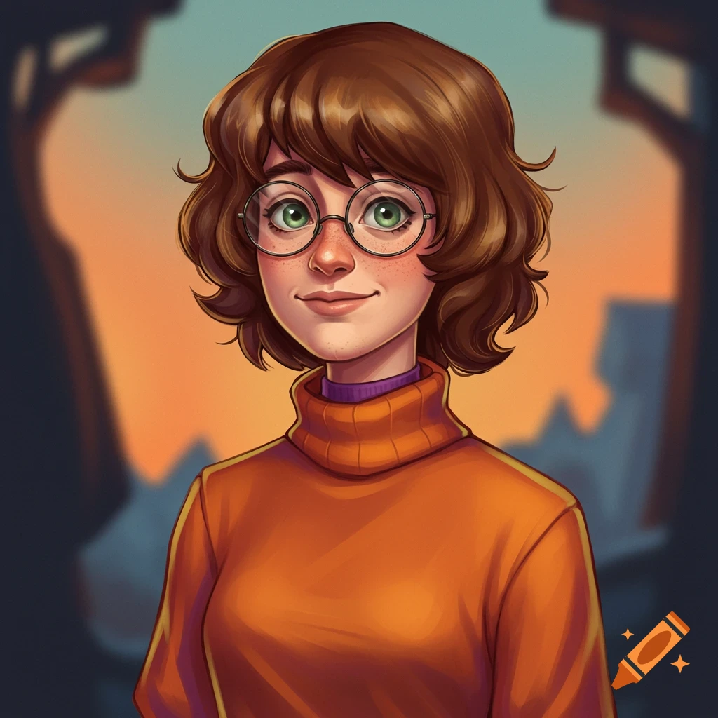 Portrait of a woman resembling Velma Dinkley with glasses and an orange sweater in a library on ...