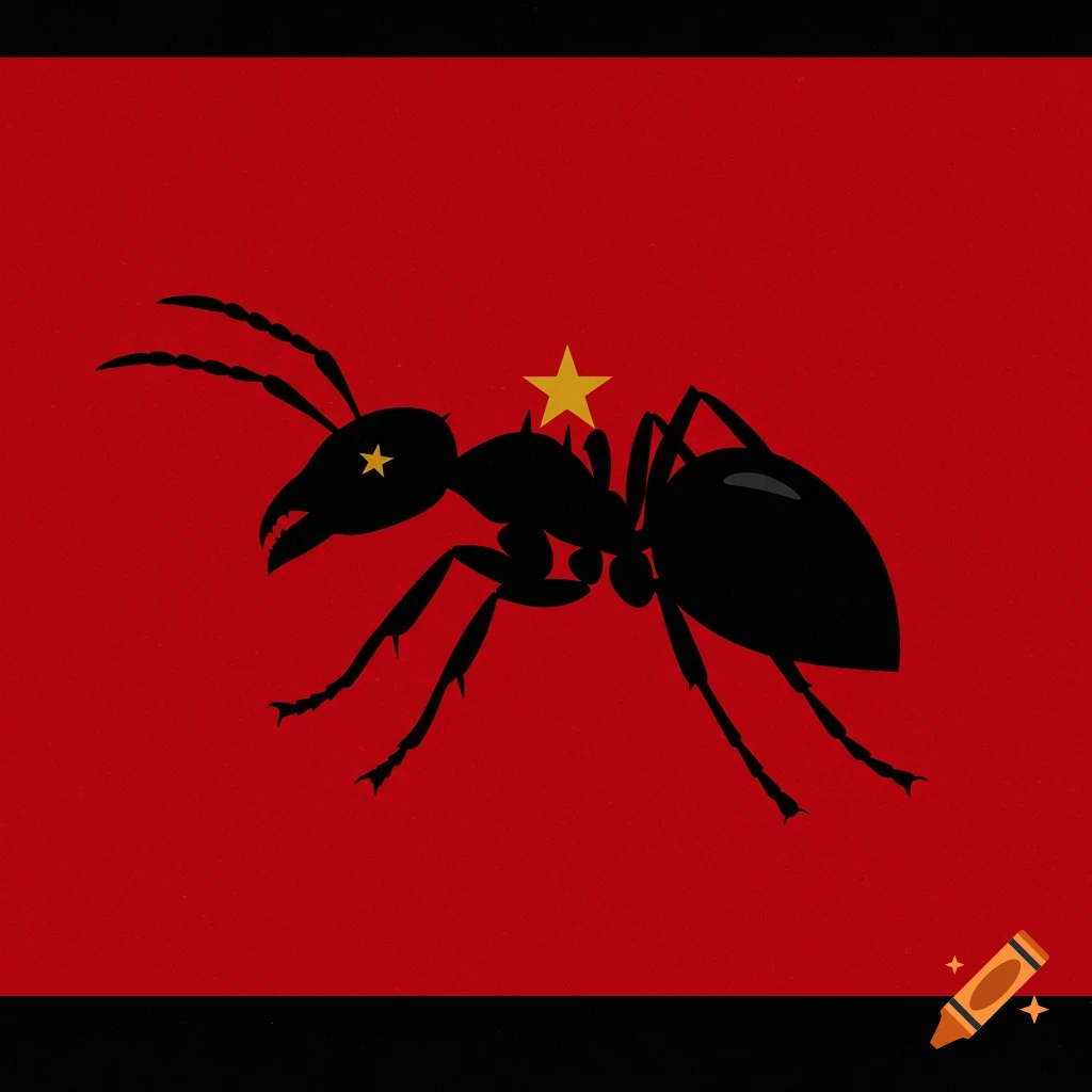 A black ant silhouette with gold stars on a red background, resembling ...