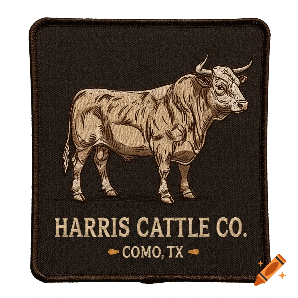 Harris Cattle Co. hat patch featuring a Hereford bull on Craiyon