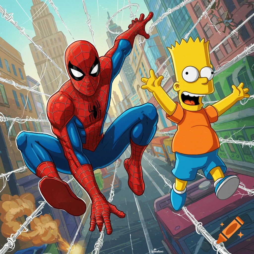 Spider-Man and Bart Simpson swinging through a city in a dynamic comic ...