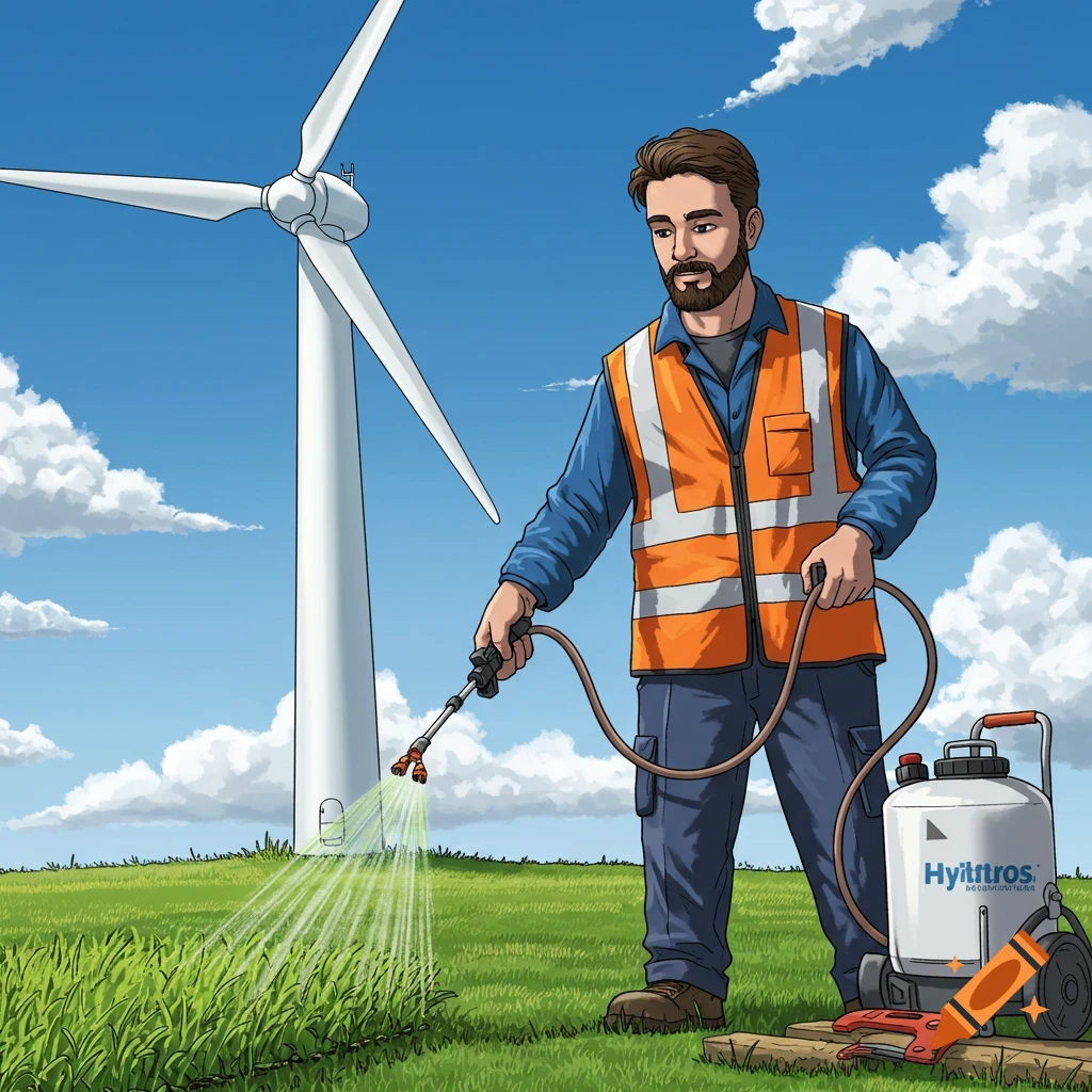 Aircraft enthusiast wind turbine technician spraying hydroseed grass on ...