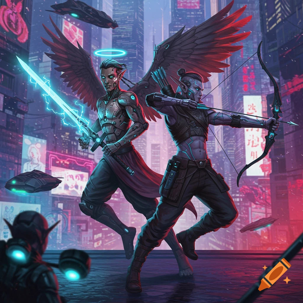 Cyberpunk angel and elf fighting back to back with sword and bow on Craiyon