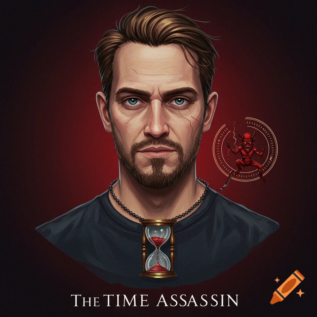 The Time Assassin with broken hourglass necklace on Craiyon