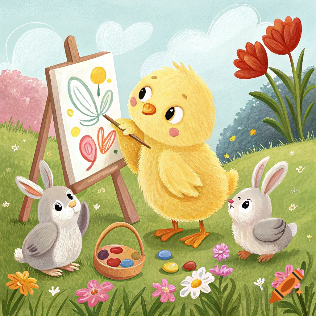 Coloring page of a cute chick painting on a canvas outdoors with two ...