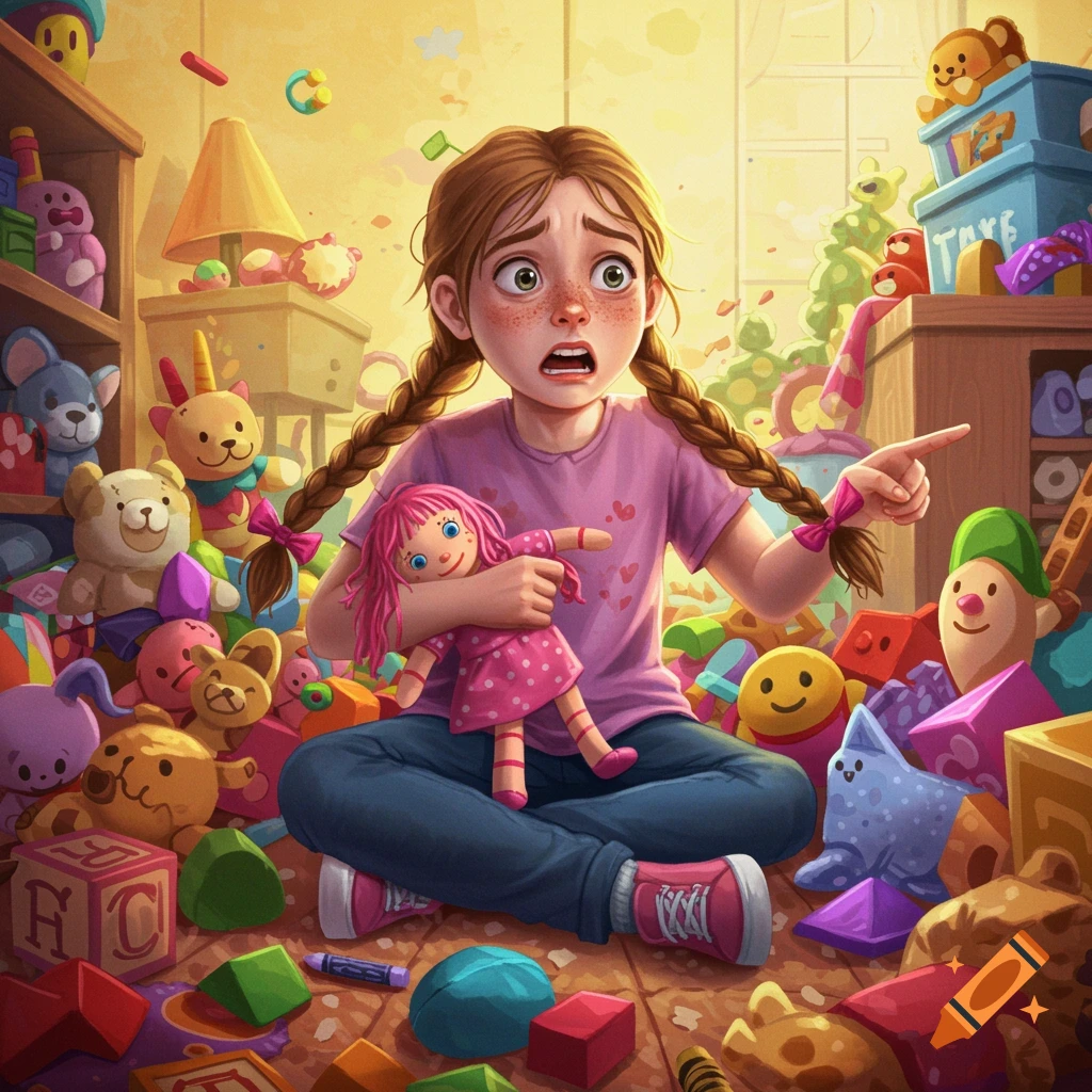 Scared girl in a cluttered room pointing on Craiyon