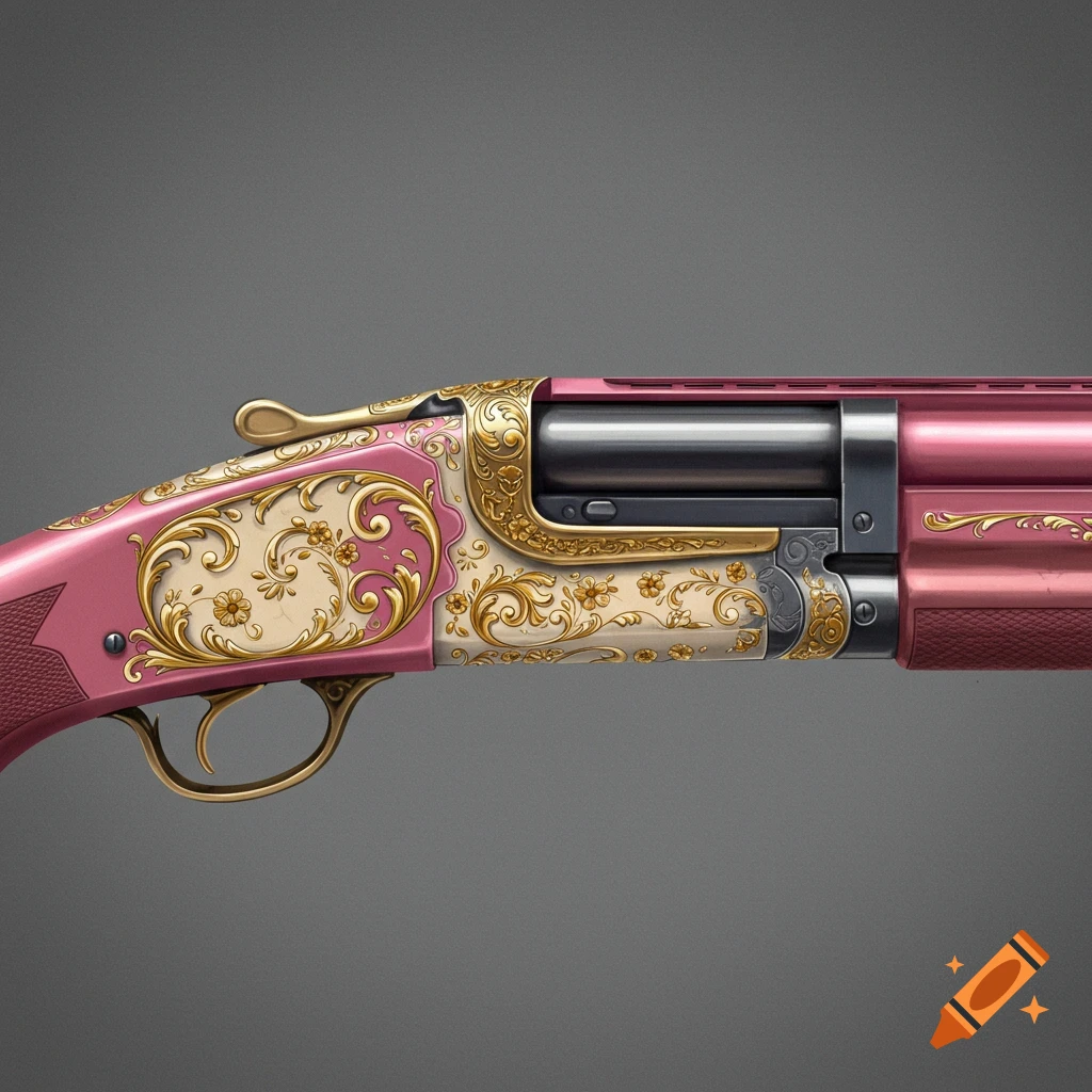 Close-up of an ornate over-and-under shotgun with detailed gold ...