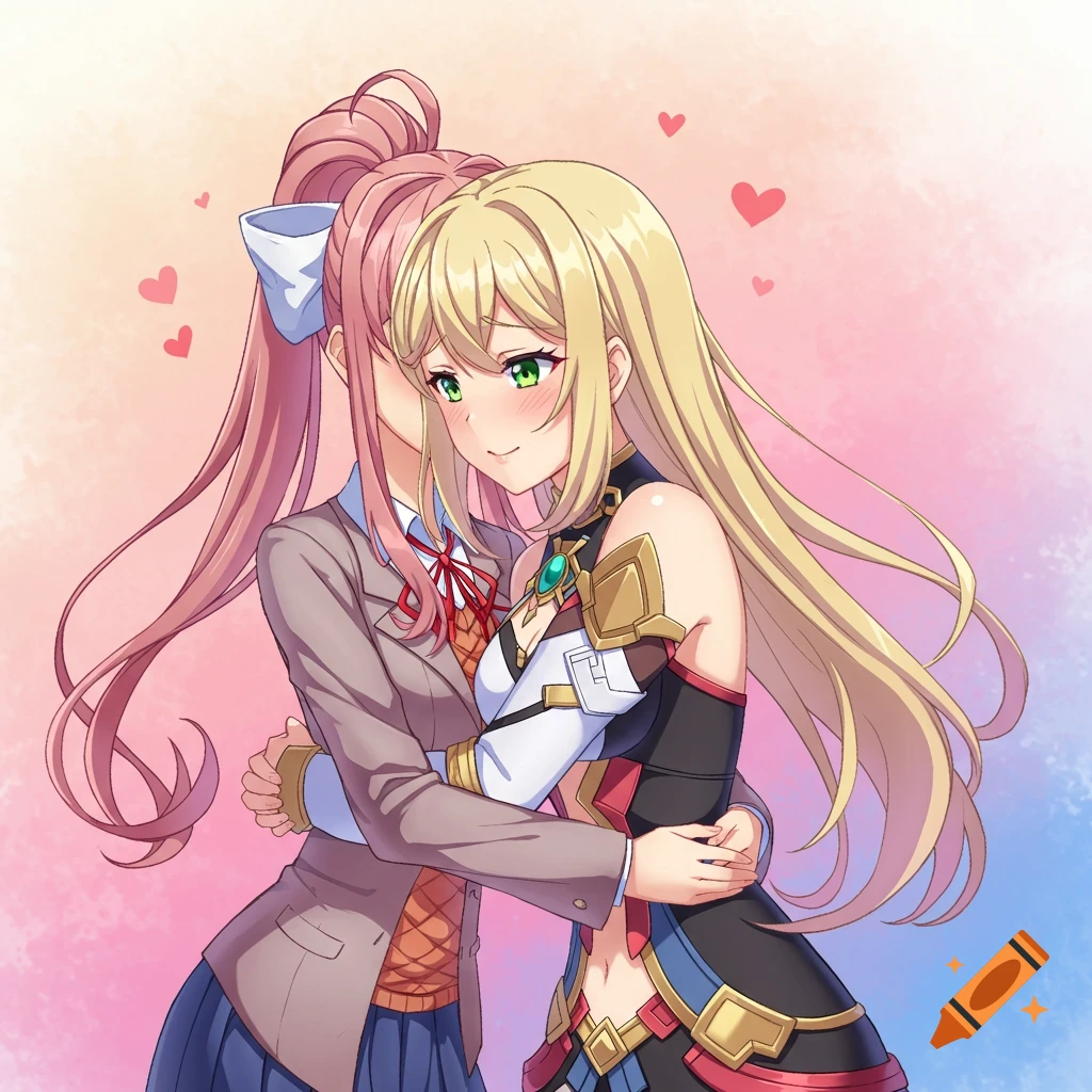 Two anime characters, one in a school uniform and one in fantasy armor ...