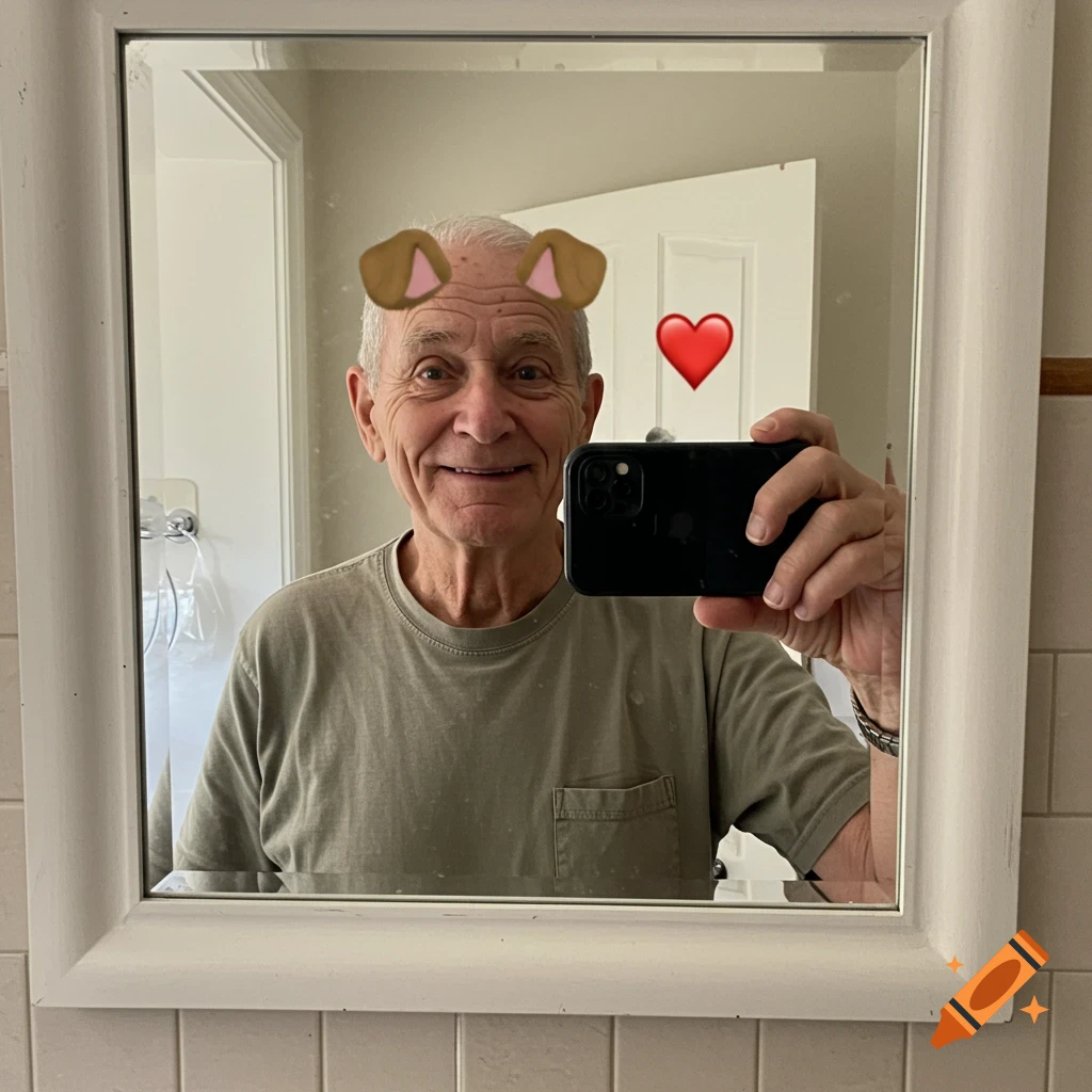 Older man taking a mirror selfie with dog ear and heart filters. on Craiyon