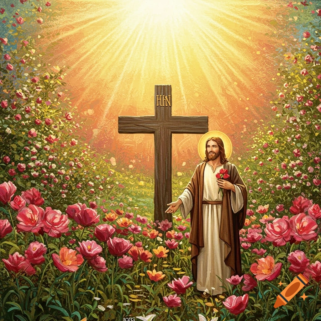 Jesus standing near a cross in a flower garden with sunrays on Craiyon