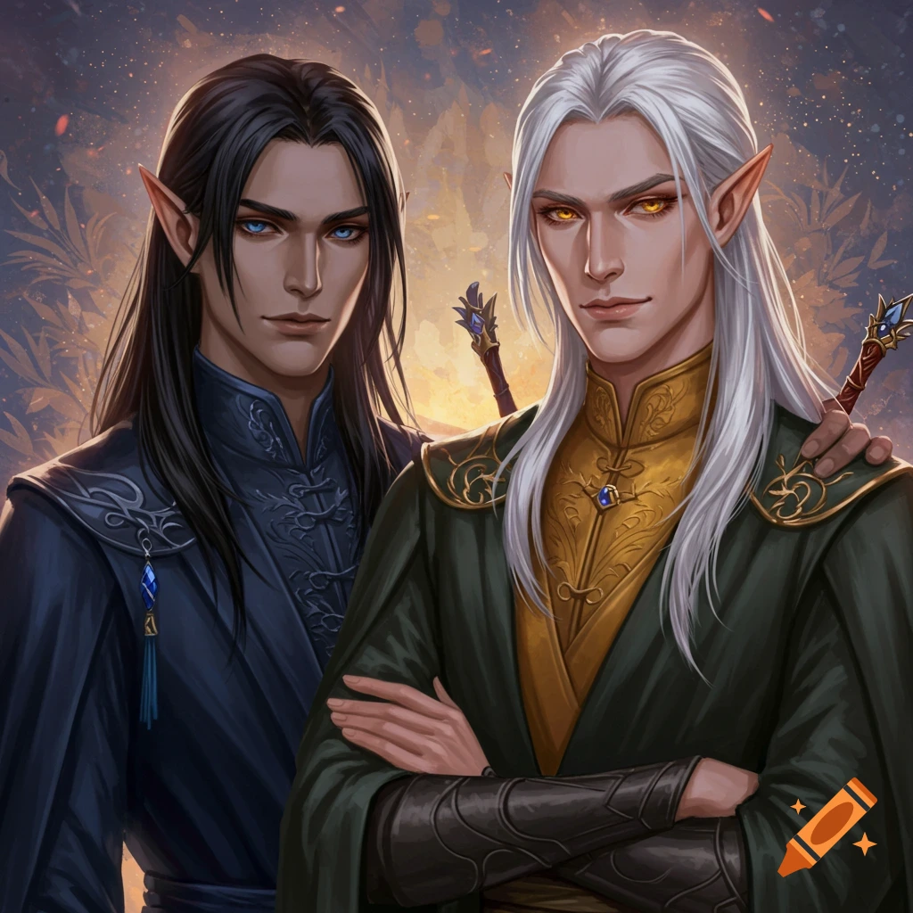 Two handsome elf men with black and silver hair on Craiyon