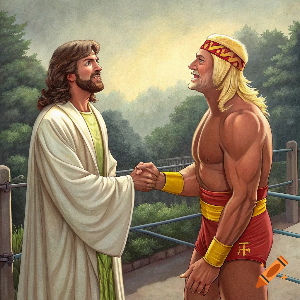 Jesus Christ and Hulk Hogan shake hands in a wrestling ring setting ...