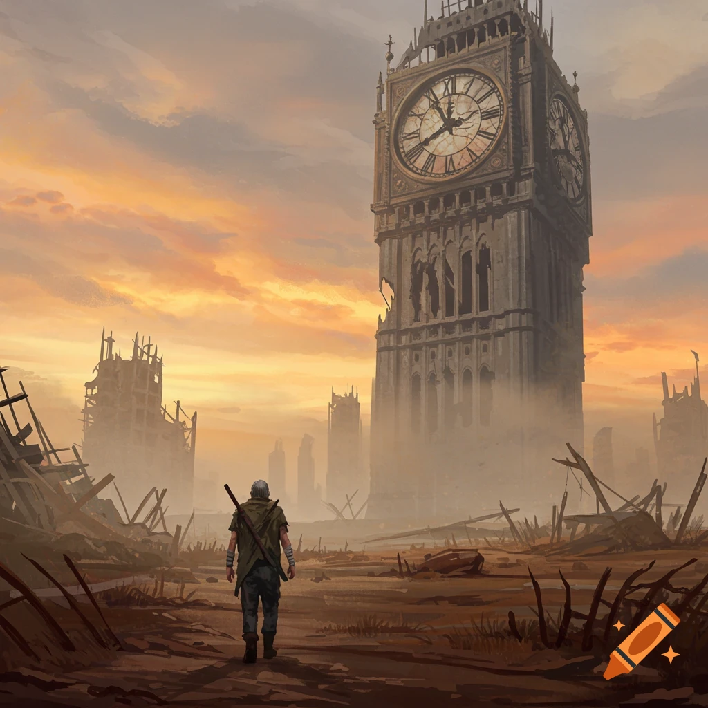 Man walking towards giant clock in post-apocalyptic watercolor on Craiyon