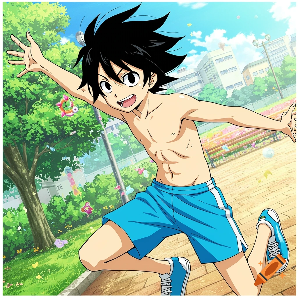 Anime illustration of a young boy running in a sunny park. on Craiyon