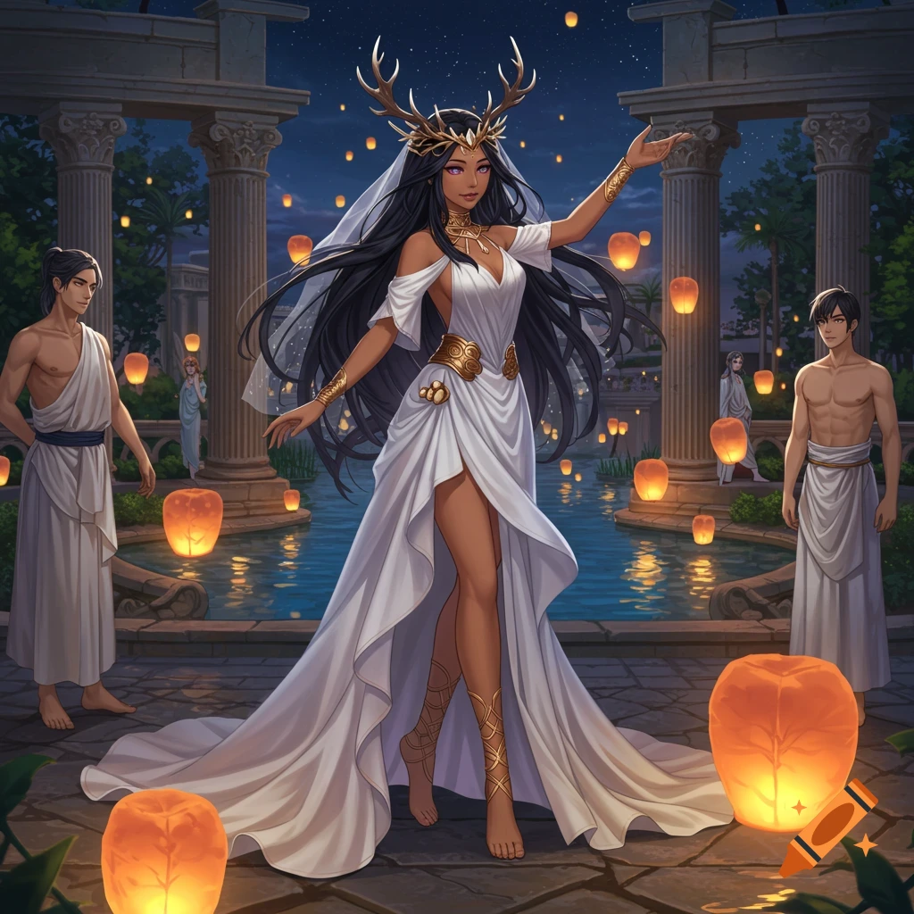 Magical goddess with antlers in Roman bath garden, anime style on Craiyon