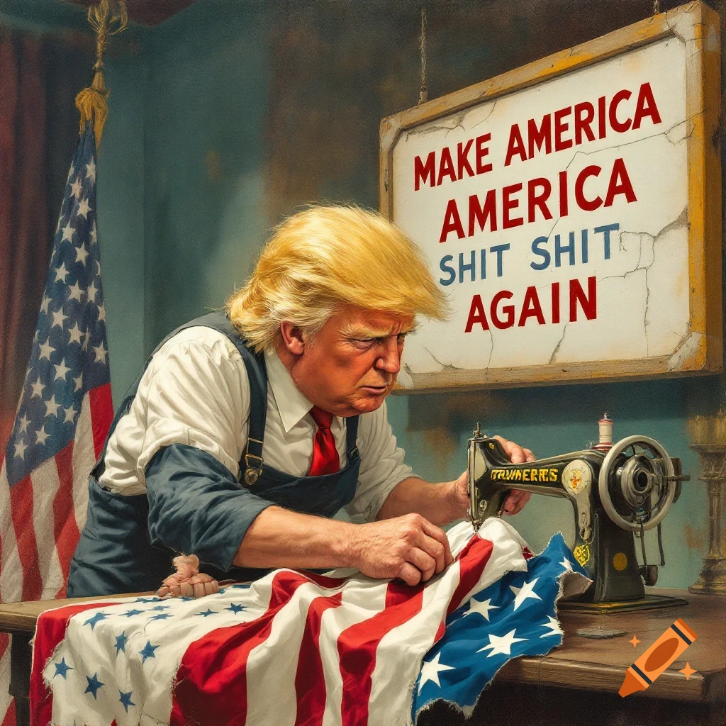 Donald Trump as 1950s seamstress sewing torn American flag, political ...