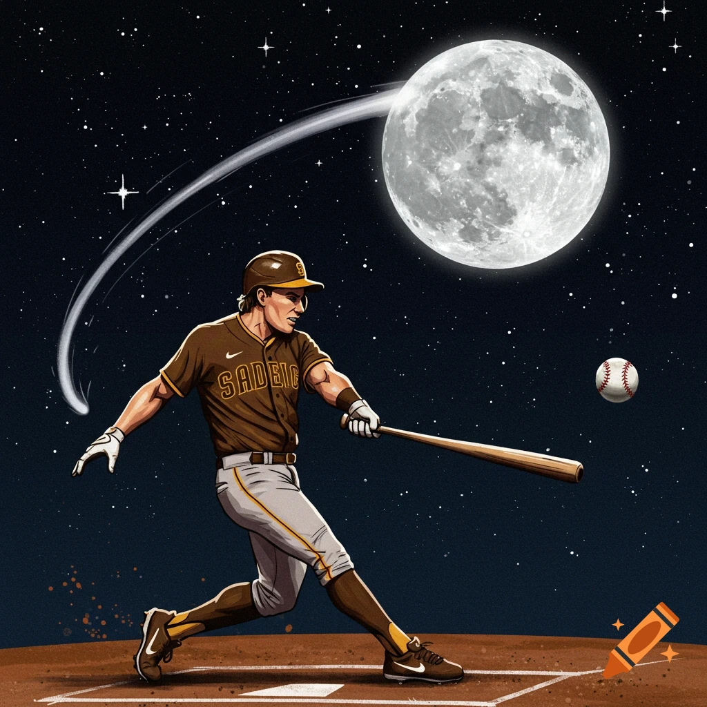 A baseball player is hitting a baseball towards the moon in a starry ...