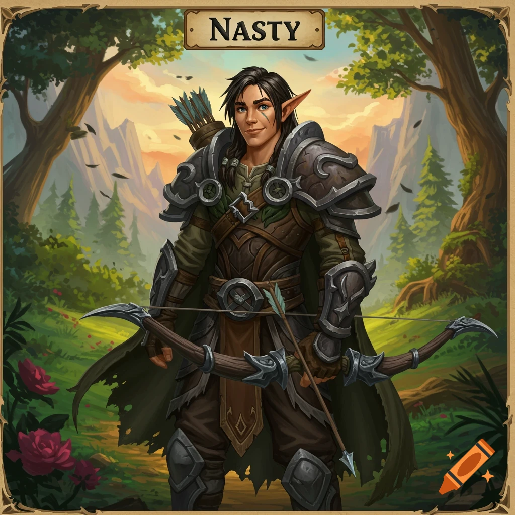 A fantasy hunter character with pointy ears, wearing detailed armor and ...