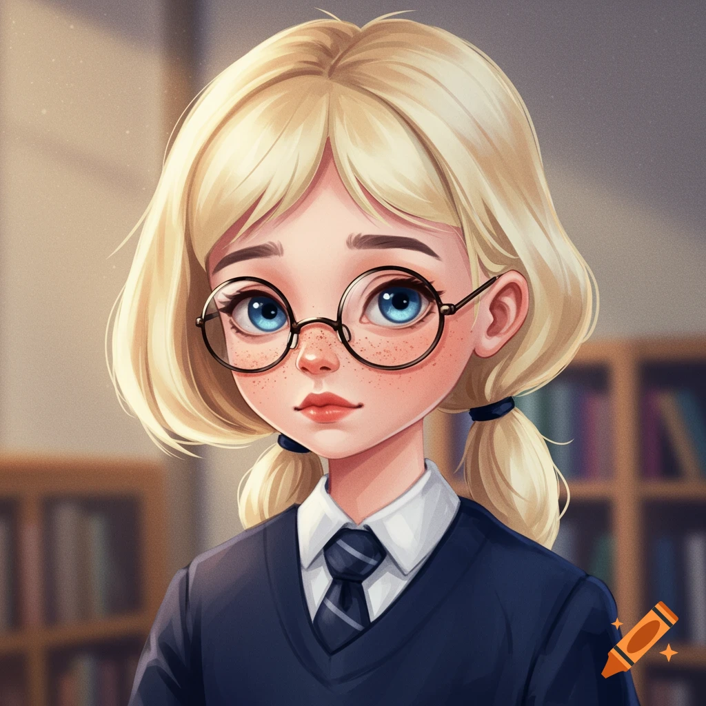 Young girl with blonde hair, blue eyes, freckles, and glasses in school ...