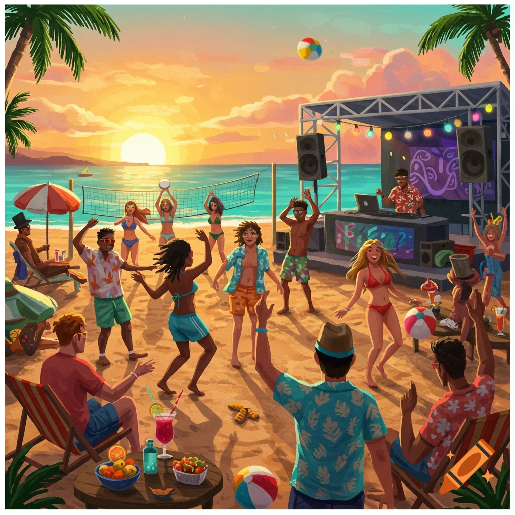 A vibrant beach party at sunset with people dancing, string lights, and ...