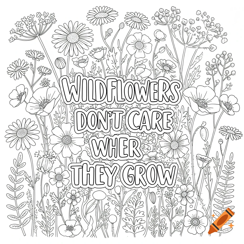 Black and white adult coloring page with wildflowers and quote on Craiyon