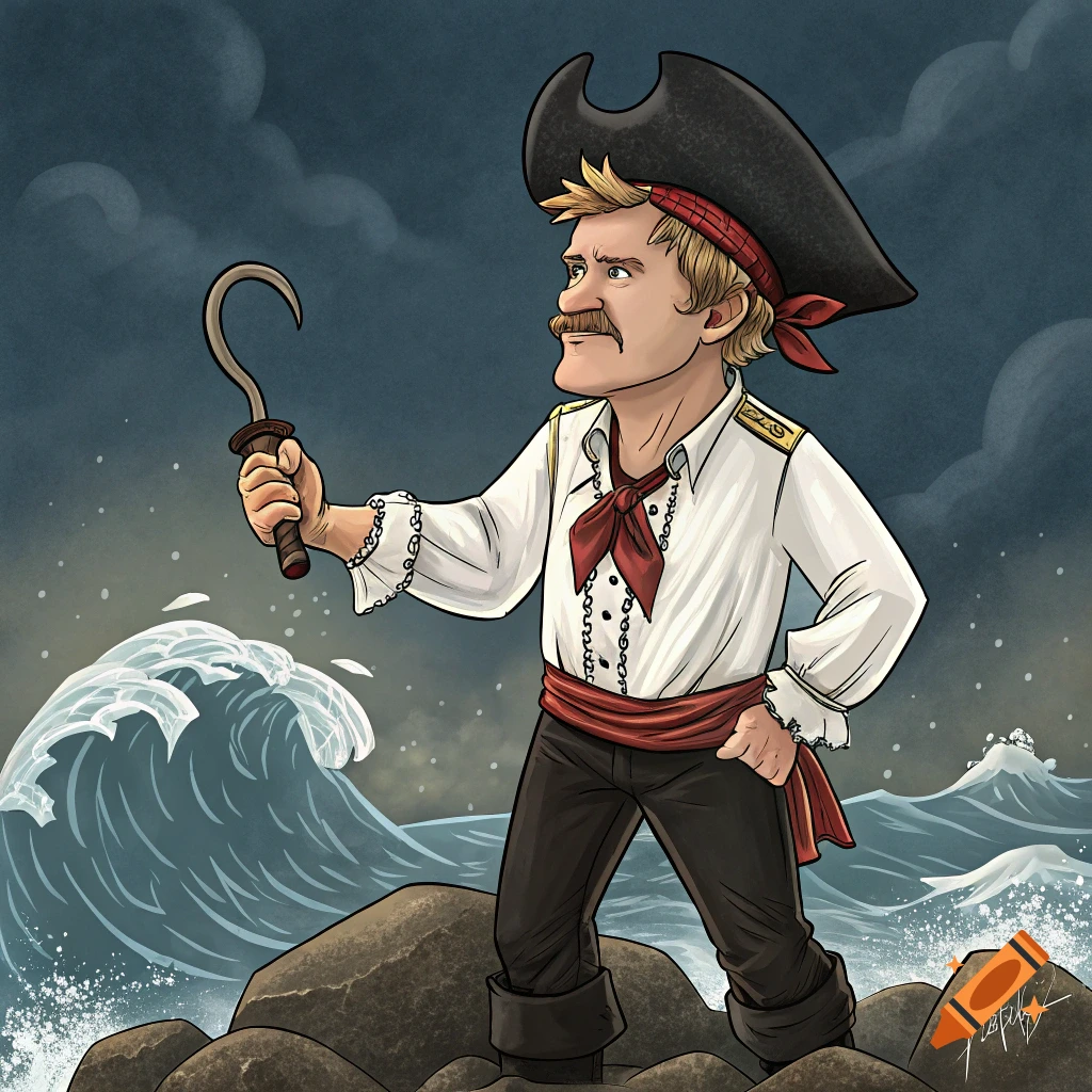 Cartoon illustration of a pirate man with a hook hand standing on rocks ...