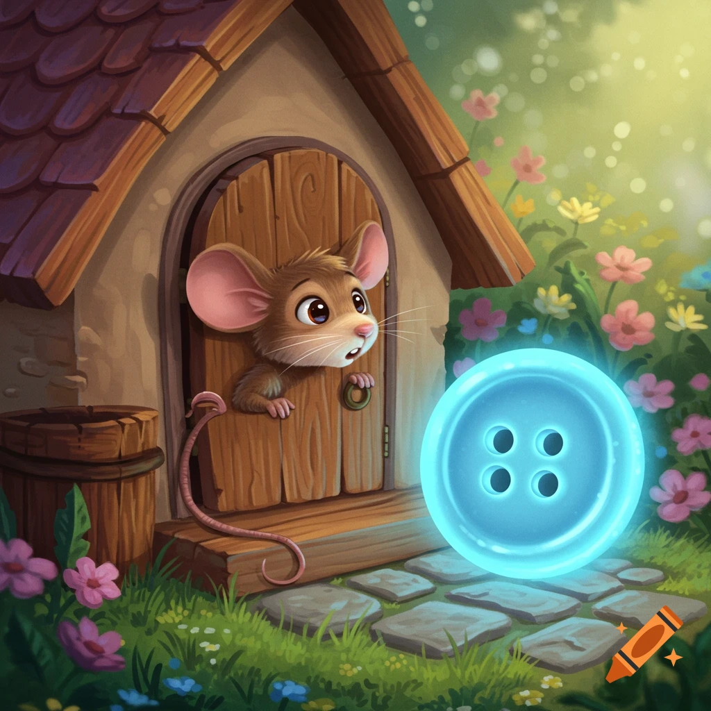 Milo the mouse finds a big blue button at his door on Craiyon