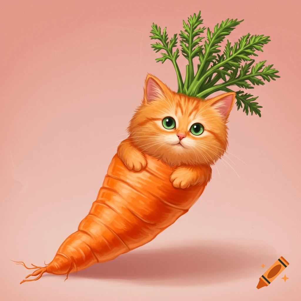 Cartoon orange cat poking out of a giant carrot on Craiyon