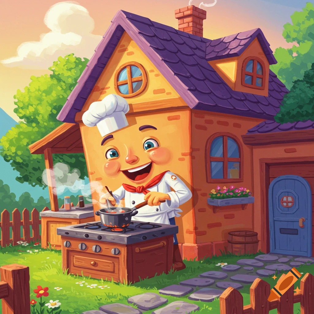 Cartoon house character wearing a chef's hat, cooking on an outdoor ...