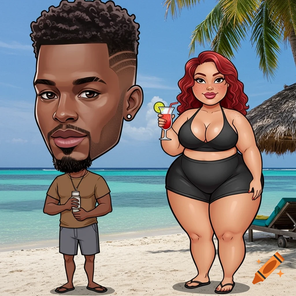 A cartoon caricature of a man and a plus-size woman on a beach. on Craiyon