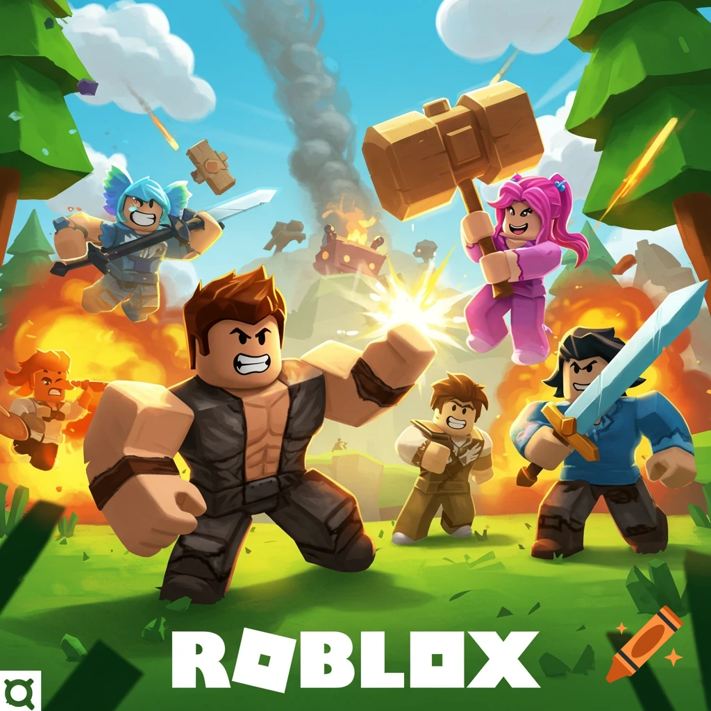 Four cartoon characters resembling Roblox avatars stand in a grassy ...