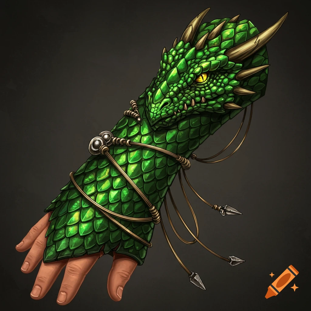 A hand wearing a green dragon scale bracer wrapped with strings. on Craiyon