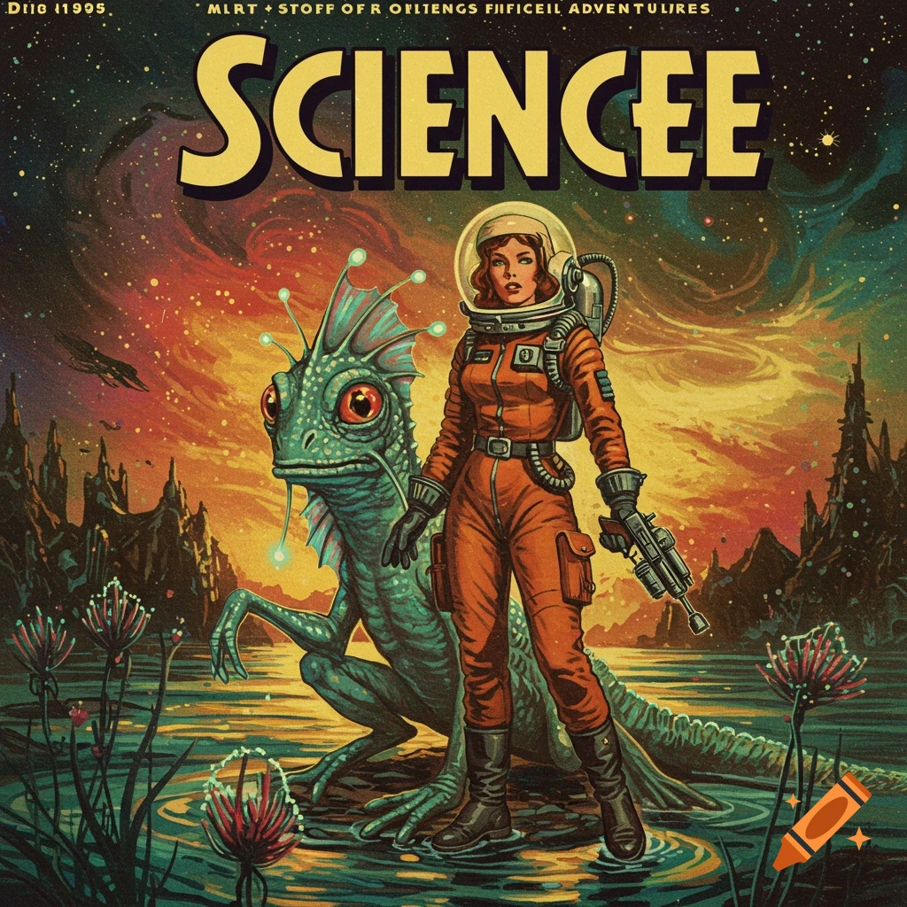 Pulp science fiction book cover with lady astronaut and alien on water planet on Craiyon