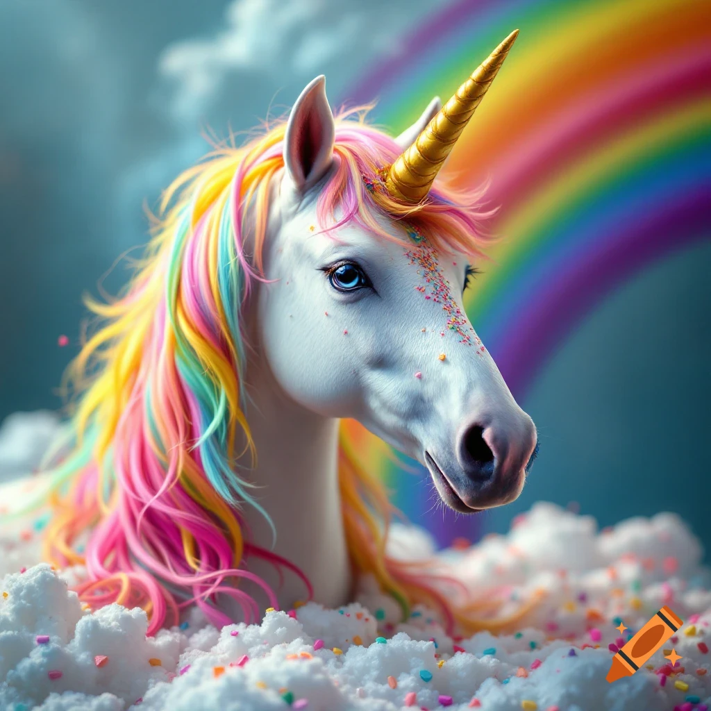 A white unicorn with rainbow mane and gold horn stands in clouds under a rainbow. on Craiyon