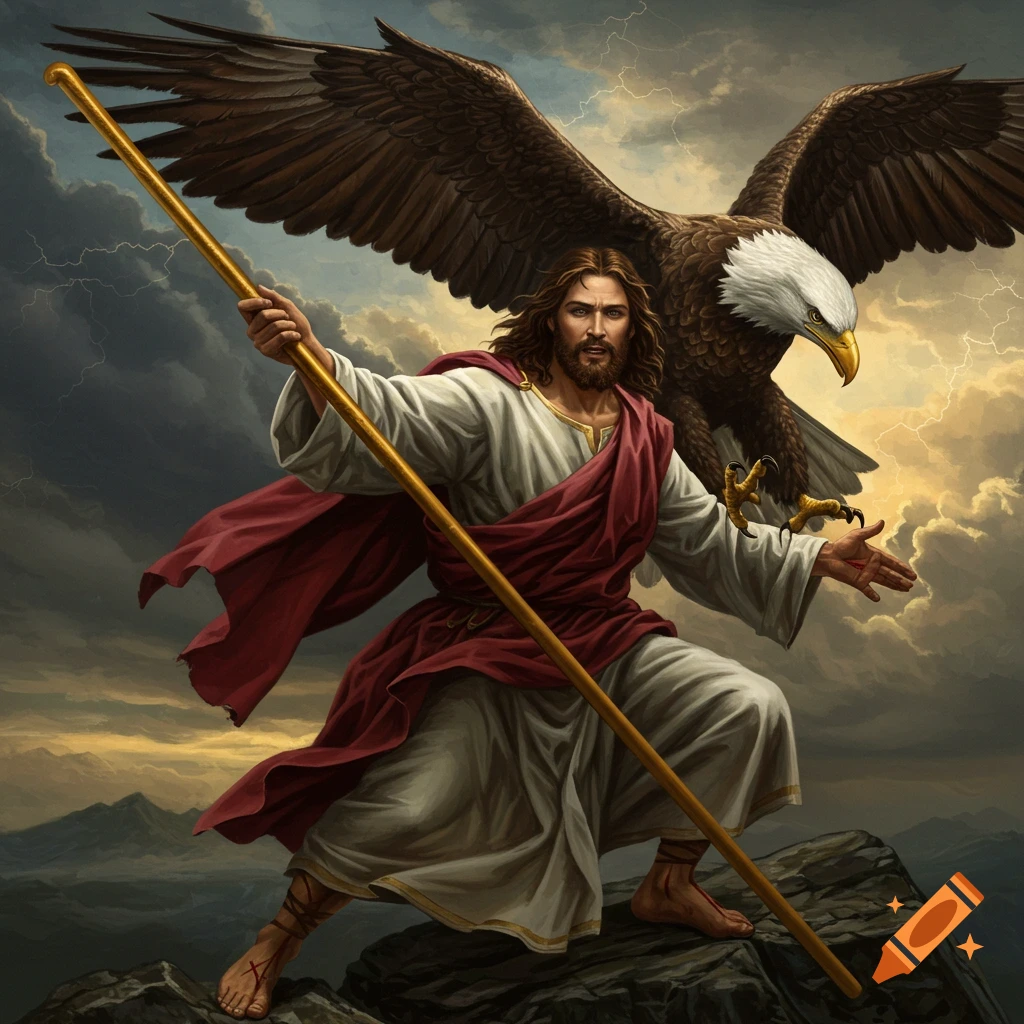 Jesus stands on a rock, holding a staff, beneath a stormy sky with a ...