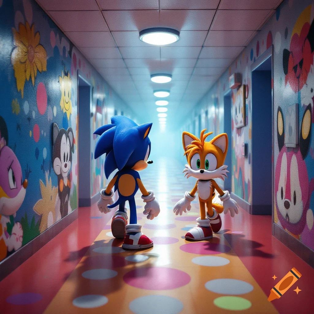 Sonic and Tails stand in a colorful hallway decorated with cartoon ...