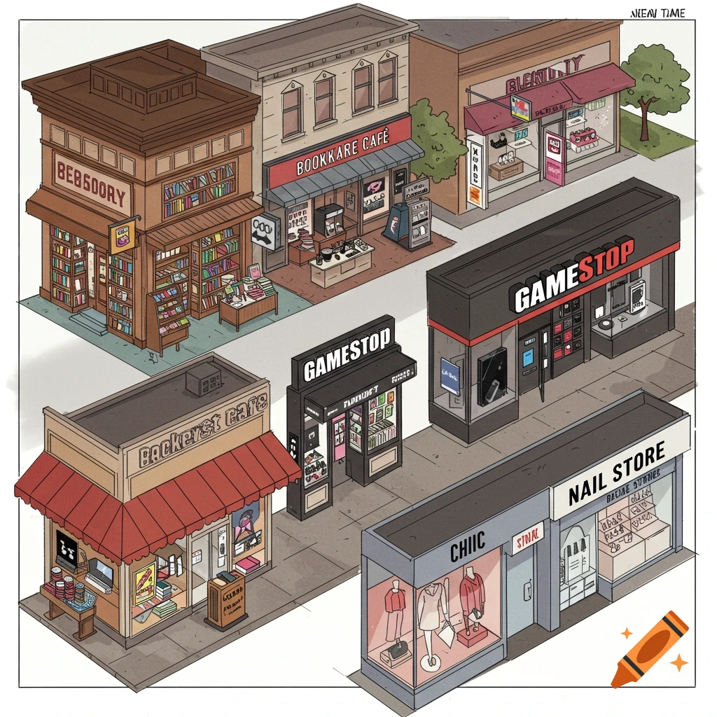 2 point perspective drawing of bookstore, cafe, game stop, fashion ...