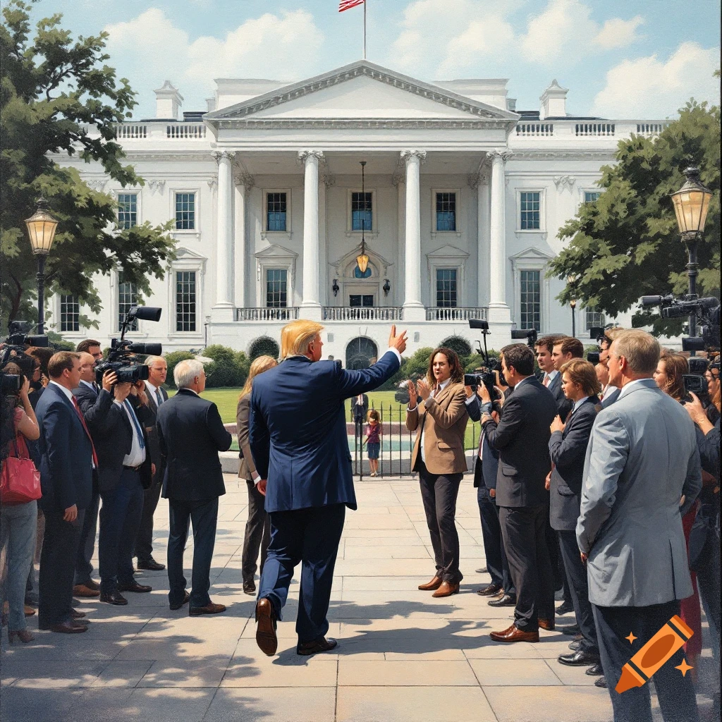 Donald Trump flagging down reporters in front of the White House on Craiyon