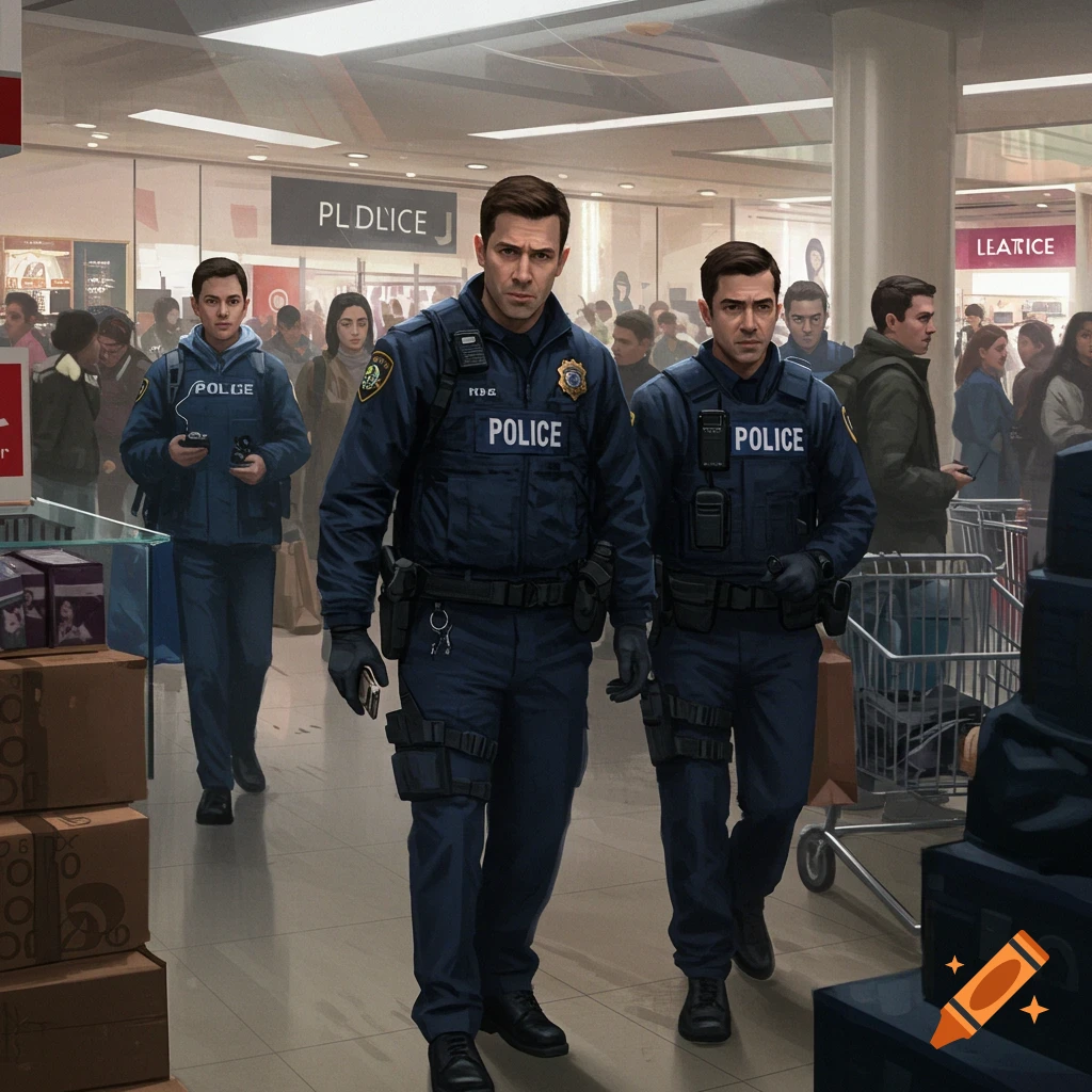 Police officers walking through a crowded shopping mall. on Craiyon