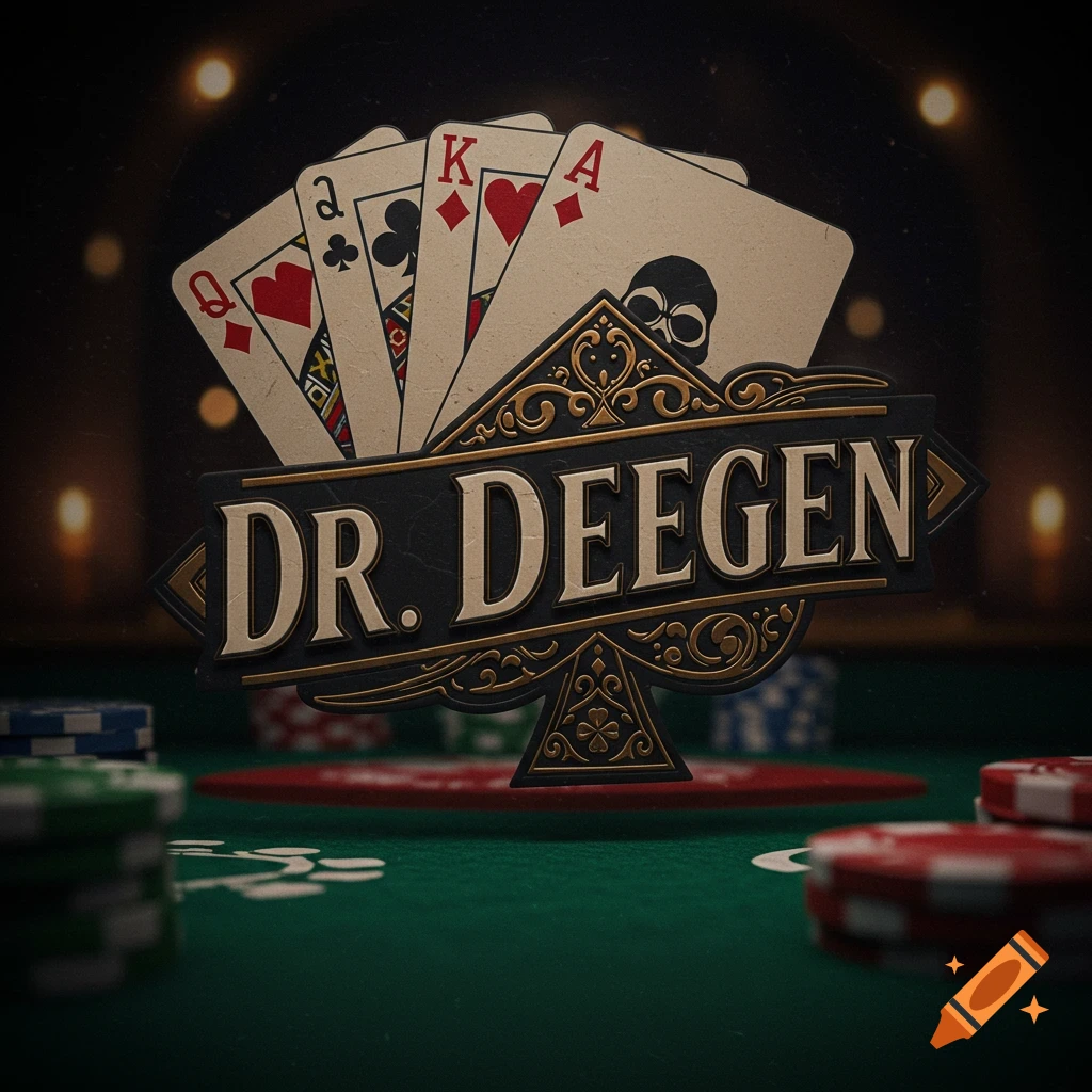 Poker cards (Queen, King, Ace) and 'DR. DEEGEN' logo on a poker table ...