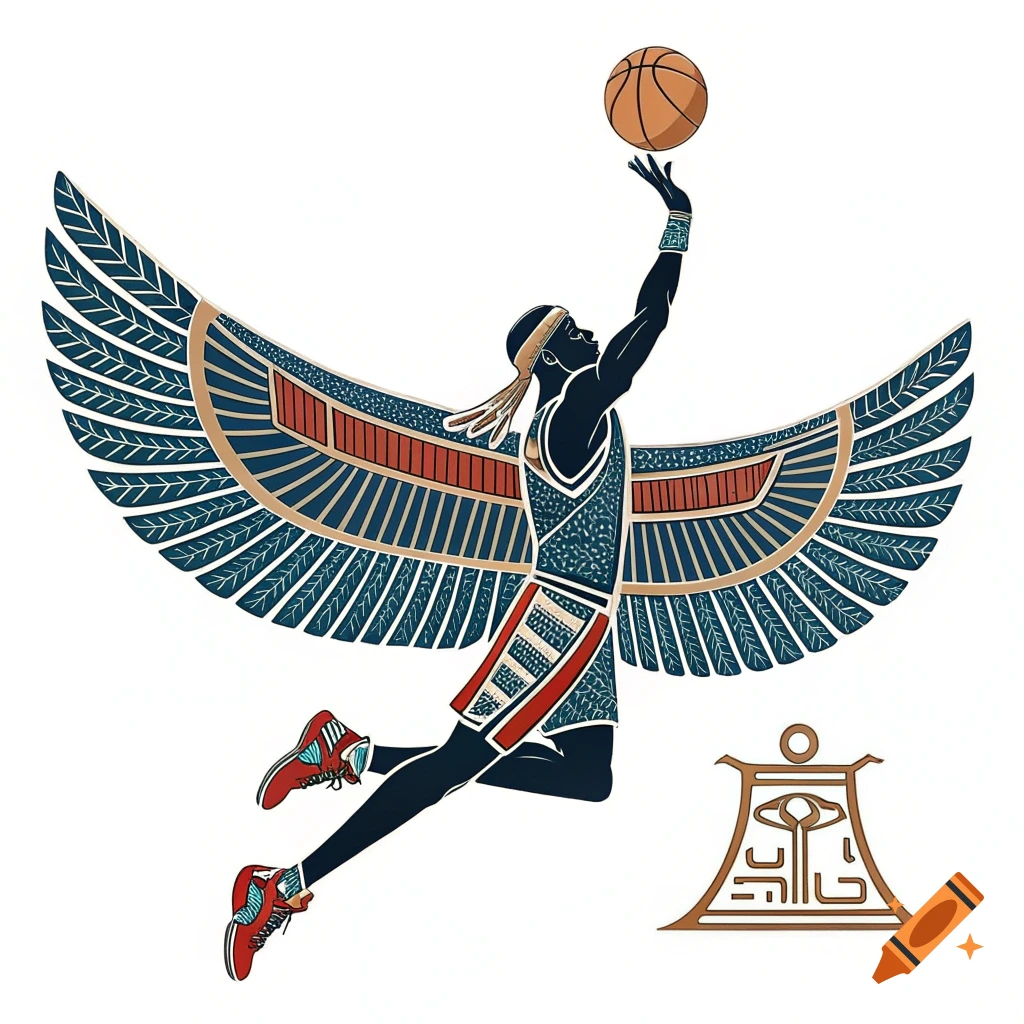 Egyptian hieroglyph of winged Michael Jordan dunking on Craiyon