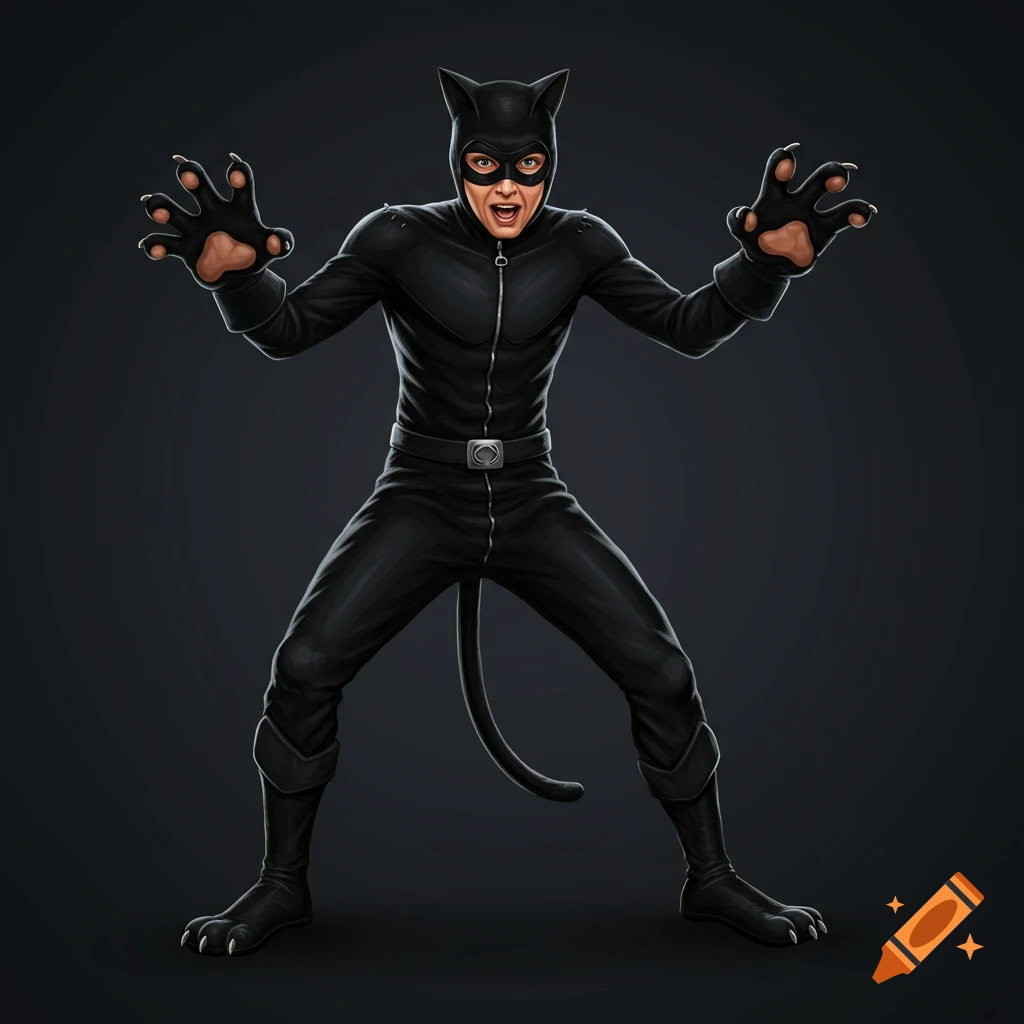 Cartoon cat burglar in a cat suite wearing a black cat suit with ...