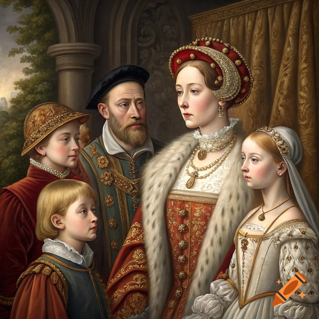 Painting of Queen Anne of Cleves with her family in Tudor style on Craiyon