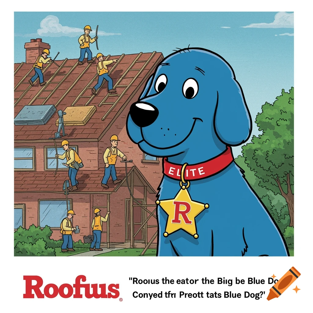 Blue dog with red collar and gold star, "ELITE" text, house with ...